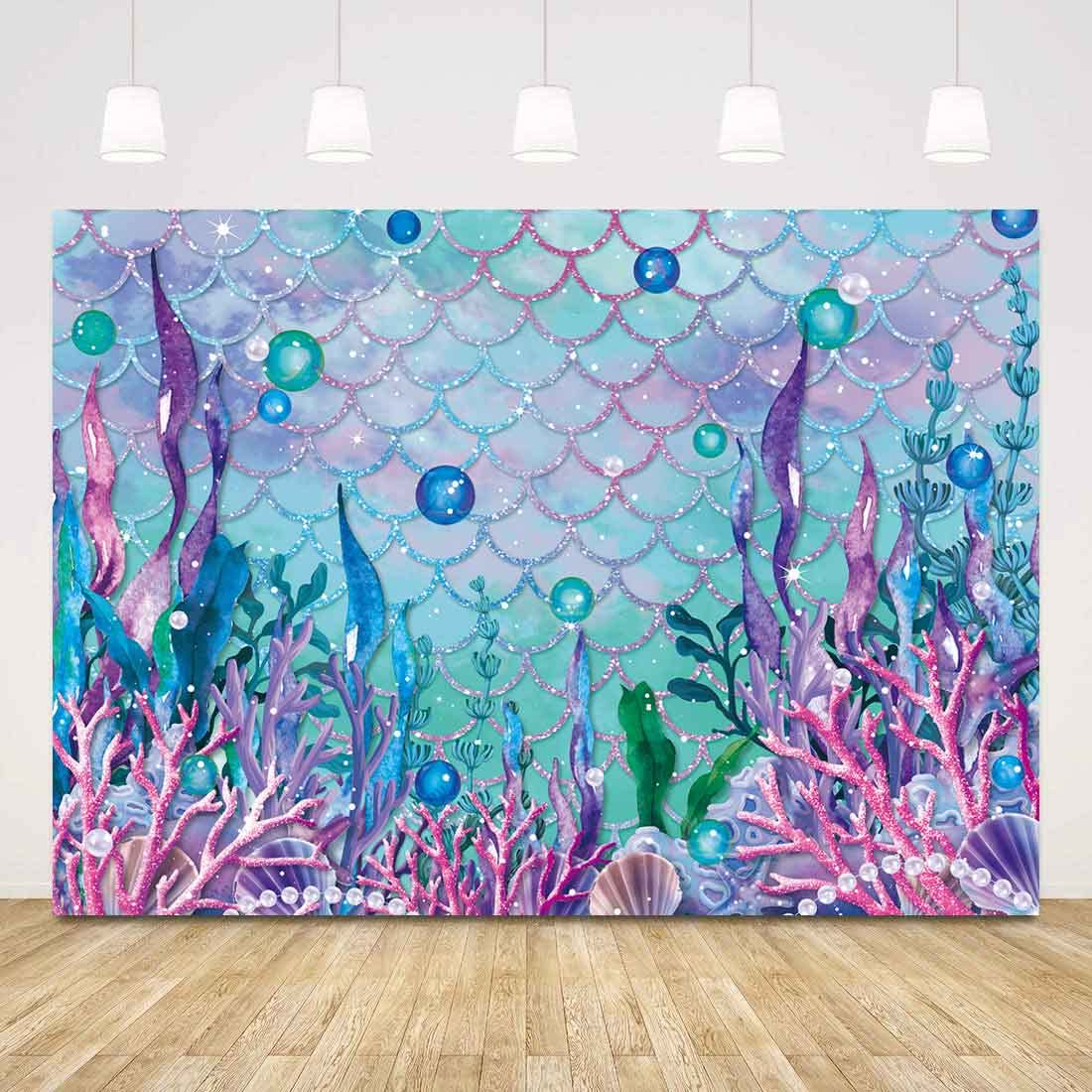 Sensfun Under The Sea Baby Shower Backdrop Purple Blue Seaweed Glitter Scales Underwater Photography Backgrpund Mermaid Birthday Decorations Party Cake Table Banner Photoshoot Vinyl Prop 7x5ft