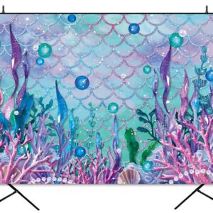 Sensfun Under The Sea Baby Shower Backdrop Purple Blue Seaweed Glitter Scales Underwater Photography Backgrpund Mermaid Birthday Decorations Party Cake Table Banner Photoshoot Vinyl Prop 7x5ft