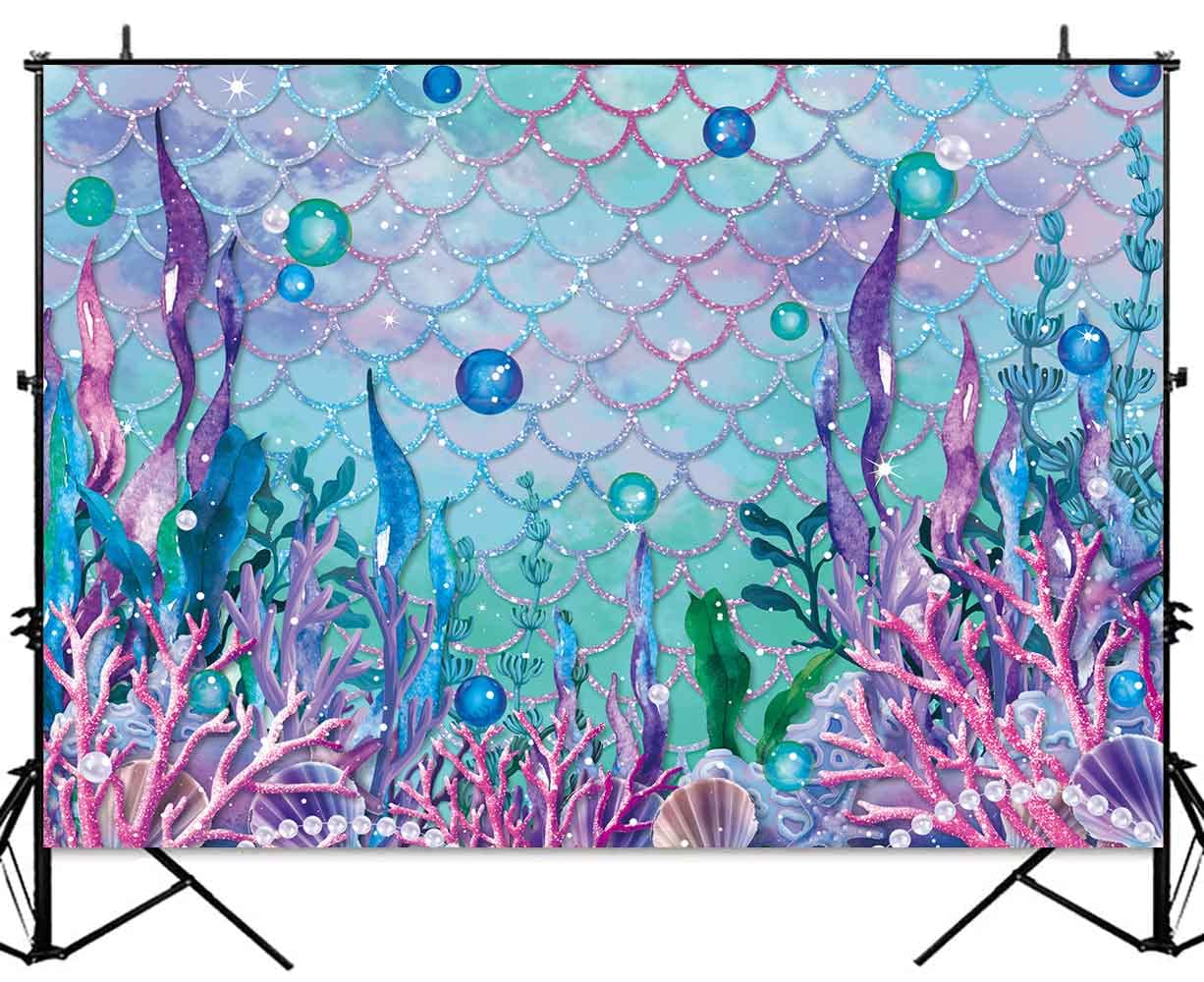 Sensfun Under The Sea Baby Shower Backdrop Purple Blue Seaweed Glitter Scales Underwater Photography Backgrpund Mermaid Birthday Decorations Party Cake Table Banner Photoshoot Vinyl Prop 7x5ft