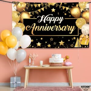 KatchOn, Happy Anniversary Banner Black and Gold - XtraLarge, 72x44 Inch | Happy Anniversary Decorations for Party, Happy Anniversary Backdrop | Happy Anniversary Sign, Wedding Anniversary Decorations