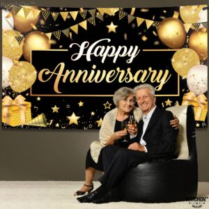 KatchOn, Happy Anniversary Banner Black and Gold - XtraLarge, 72x44 Inch | Happy Anniversary Decorations for Party, Happy Anniversary Backdrop | Happy Anniversary Sign, Wedding Anniversary Decorations