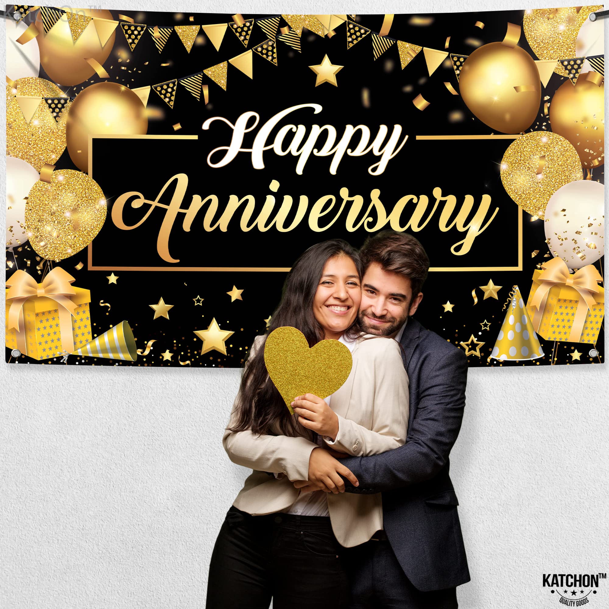 KatchOn, Happy Anniversary Banner Black and Gold - XtraLarge, 72x44 Inch | Happy Anniversary Decorations for Party, Happy Anniversary Backdrop | Happy Anniversary Sign, Wedding Anniversary Decorations