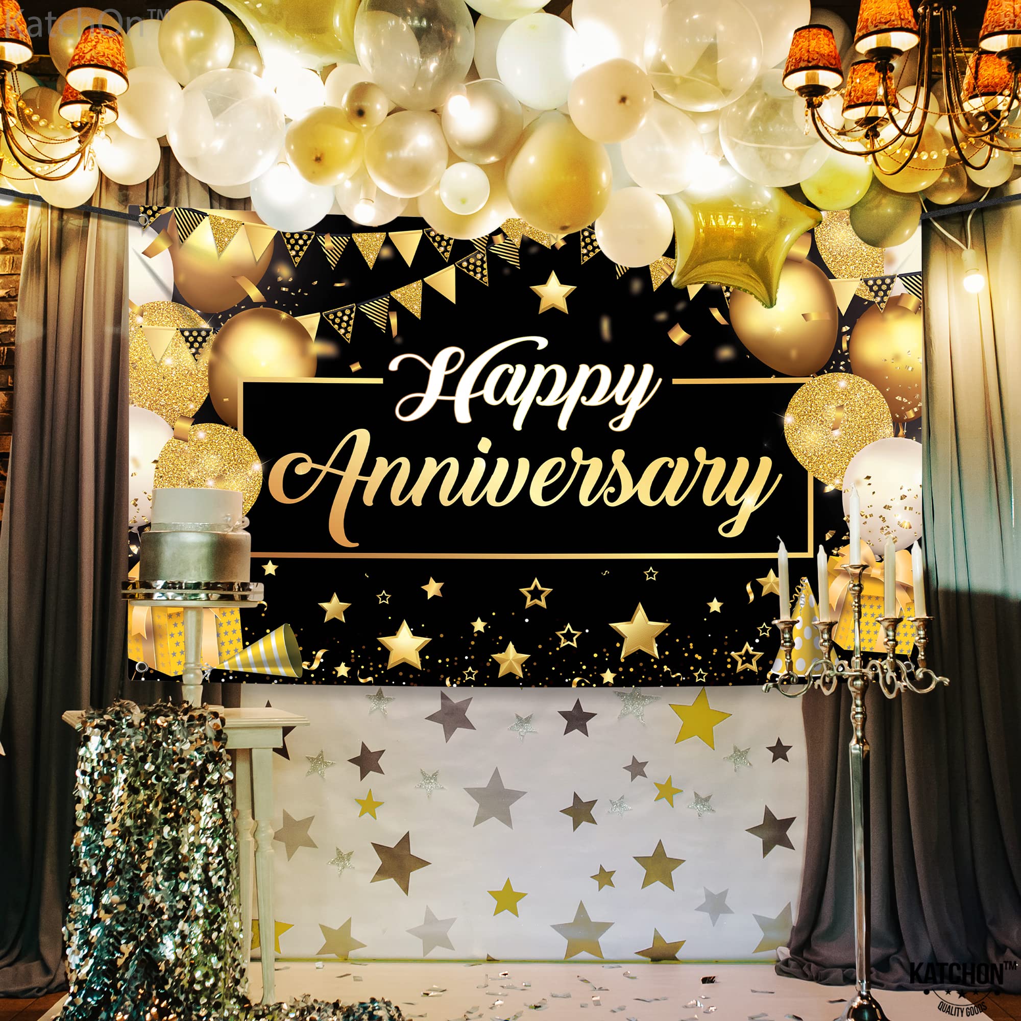 KatchOn, Happy Anniversary Banner Black and Gold - XtraLarge, 72x44 Inch | Happy Anniversary Decorations for Party, Happy Anniversary Backdrop | Happy Anniversary Sign, Wedding Anniversary Decorations