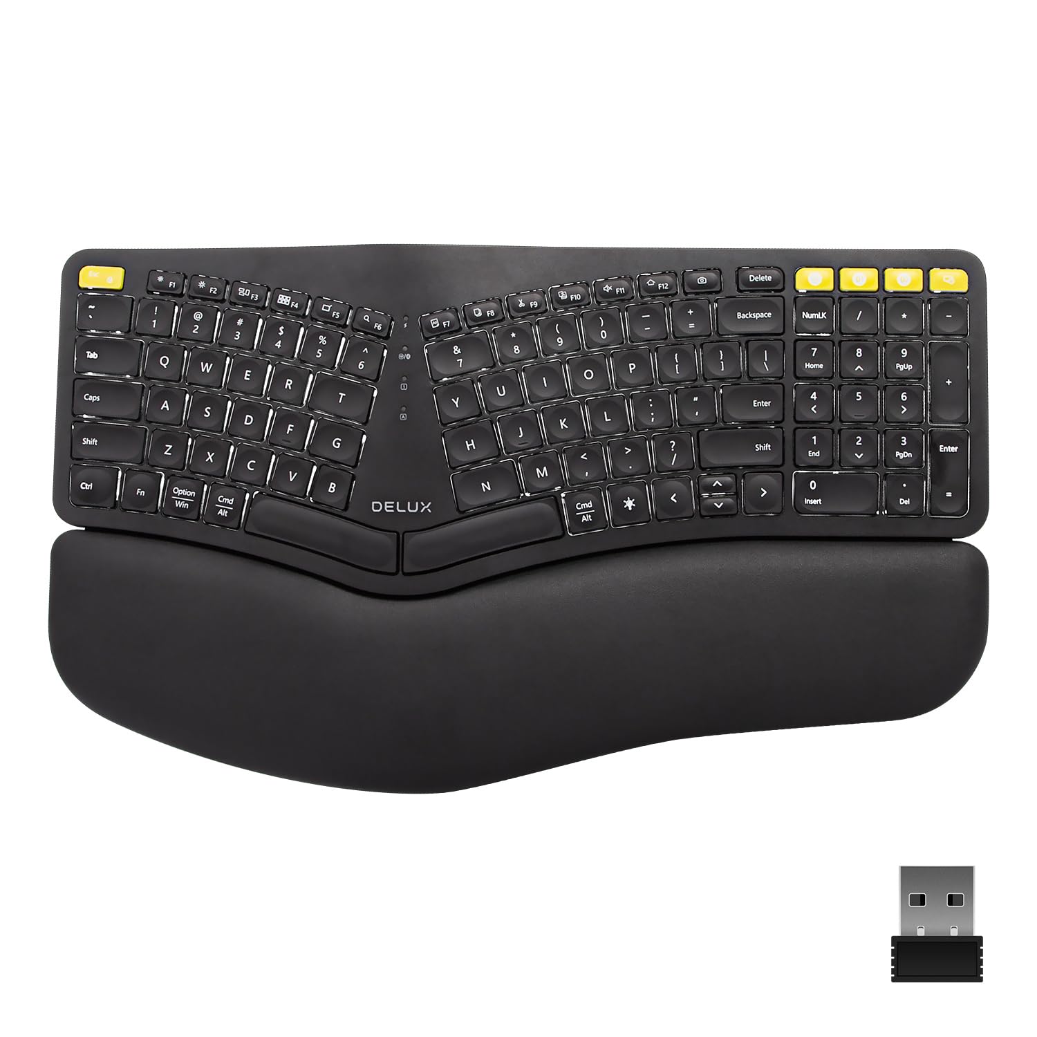 DeLUX Upgraded Ergonomic Wireless Ergo Split Keyboard with Backlit, 2.4G and Bluetooth, Scissor Switch and Palm Rest for Natural Typing, Compatible with Windows and Mac OS (GM902Pro-Black)