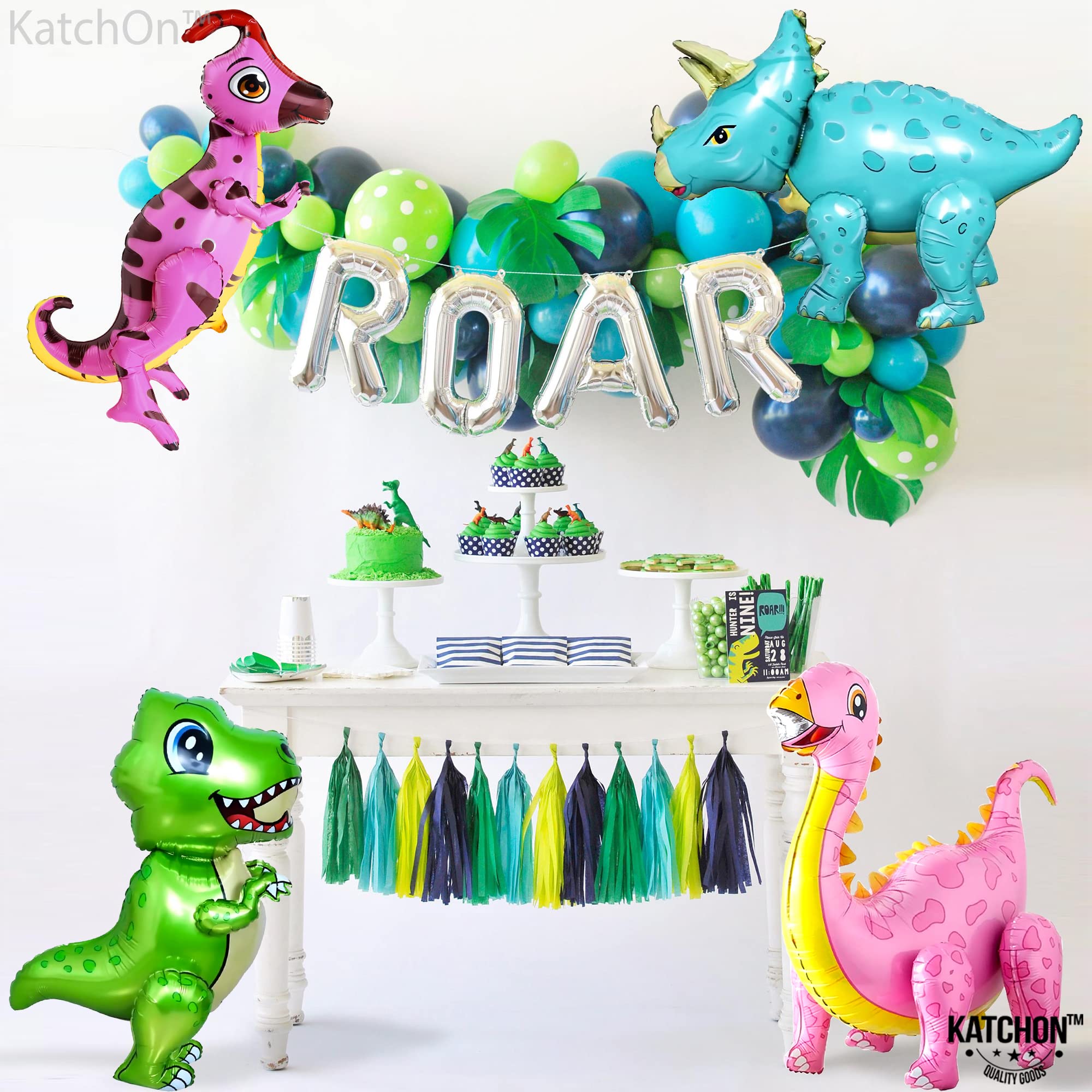 KatchOn, 4pcs Large Pink Dinosaur Balloons for Birthday Party & Baby Shower - 3D Design, Light Blue, Premium Foil, Set of 4, Girl