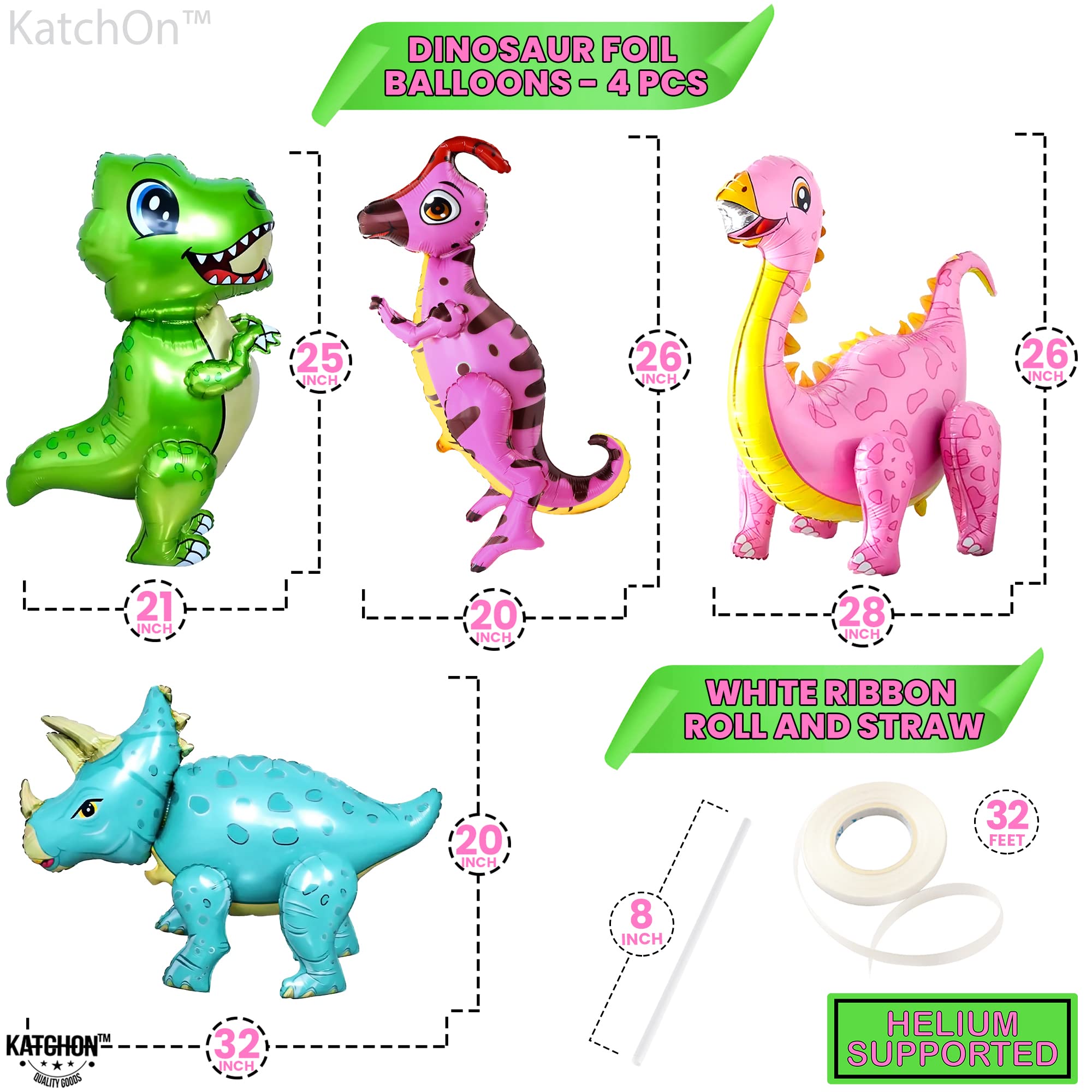 KatchOn, 4pcs Large Pink Dinosaur Balloons for Birthday Party & Baby Shower - 3D Design, Light Blue, Premium Foil, Set of 4, Girl