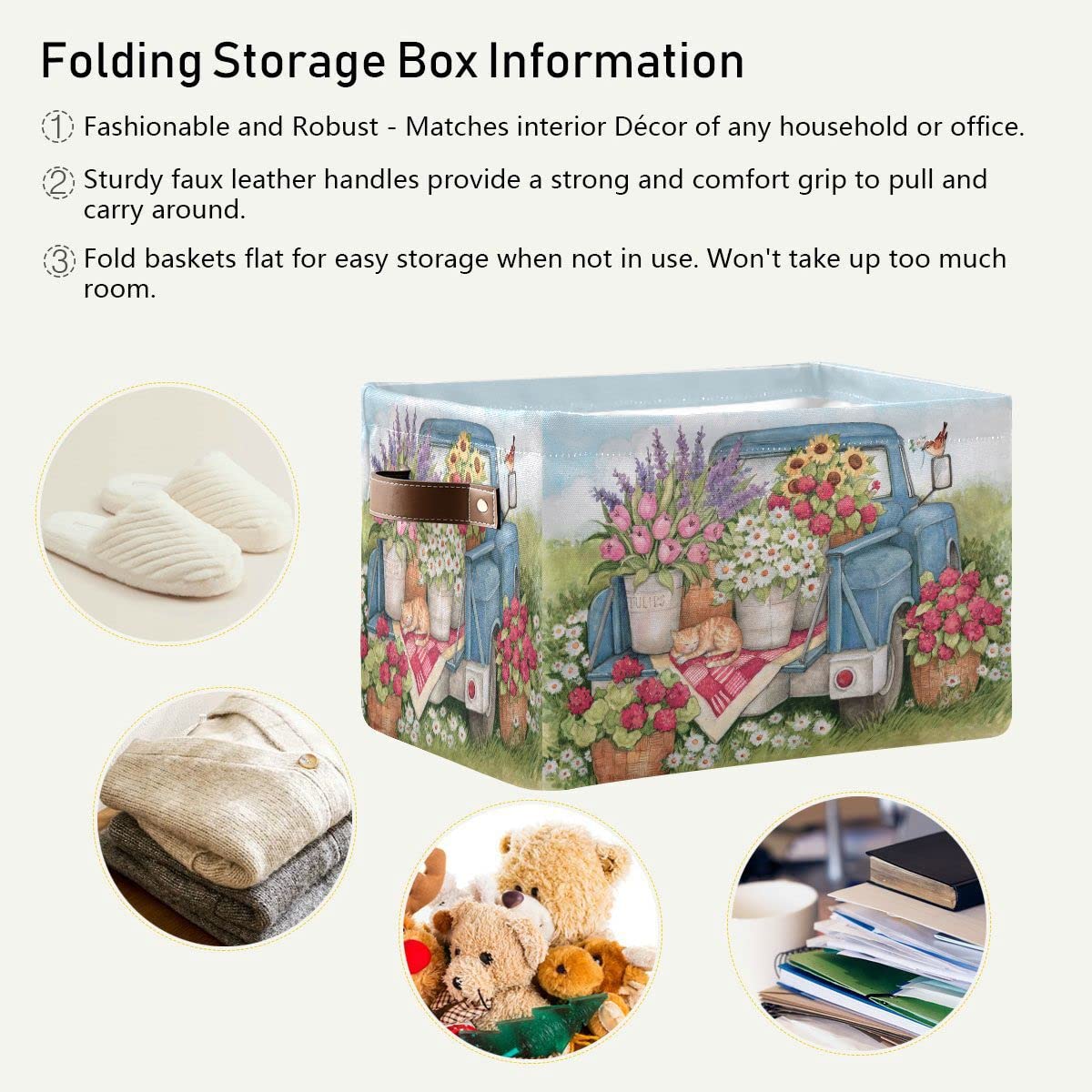 Spring Flowers Truck Car Storage Basket Fabric Laundry Baskets Sunflower Rose globe Daisy Lavender Storage Boxes Organizer Bag for Baby Cloth Dog Toy Book Storage Cubes Shelf Closet Bins 16x12x8