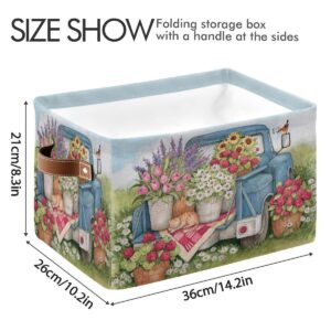 Spring Flowers Truck Car Storage Basket Fabric Laundry Baskets Sunflower Rose globe Daisy Lavender Storage Boxes Organizer Bag for Baby Cloth Dog Toy Book Storage Cubes Shelf Closet Bins 16x12x8