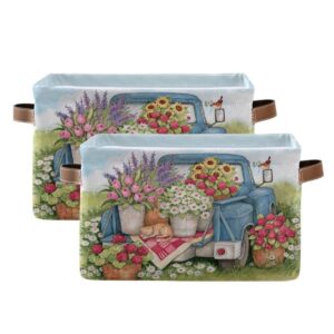 Spring Flowers Truck Car Storage Basket Fabric Laundry Baskets Sunflower Rose globe Daisy Lavender Storage Boxes Organizer Bag for Baby Cloth Dog Toy Book Storage Cubes Shelf Closet Bins 16x12x8