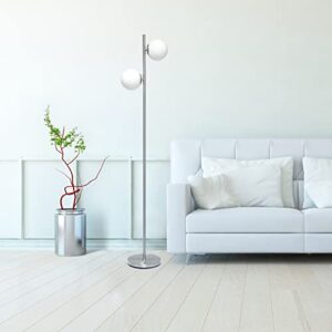 Simple Designs LF1044-BSN 66" Tall Mid Century Modern Standing Tree Floor Lamp w Dual White Glass Globe Shade for Study, Living Room, Bedroom, Entryway, Brushed Nickel