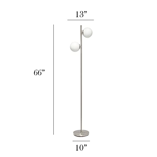 Simple Designs LF1044-BSN 66" Tall Mid Century Modern Standing Tree Floor Lamp w Dual White Glass Globe Shade for Study, Living Room, Bedroom, Entryway, Brushed Nickel