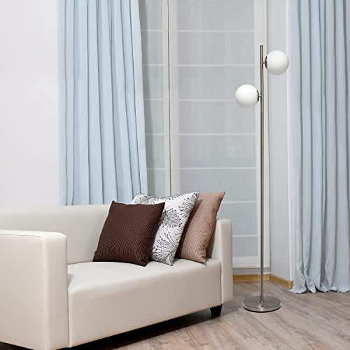 Simple Designs LF1044-BSN 66" Tall Mid Century Modern Standing Tree Floor Lamp w Dual White Glass Globe Shade for Study, Living Room, Bedroom, Entryway, Brushed Nickel