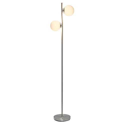 Simple Designs LF1044-BSN 66" Tall Mid Century Modern Standing Tree Floor Lamp w Dual White Glass Globe Shade for Study, Living Room, Bedroom, Entryway, Brushed Nickel