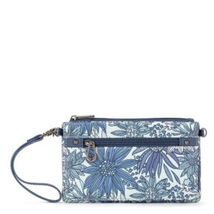 sakroots corin smartphone flap crossbody in eco-twill, denim flower garden