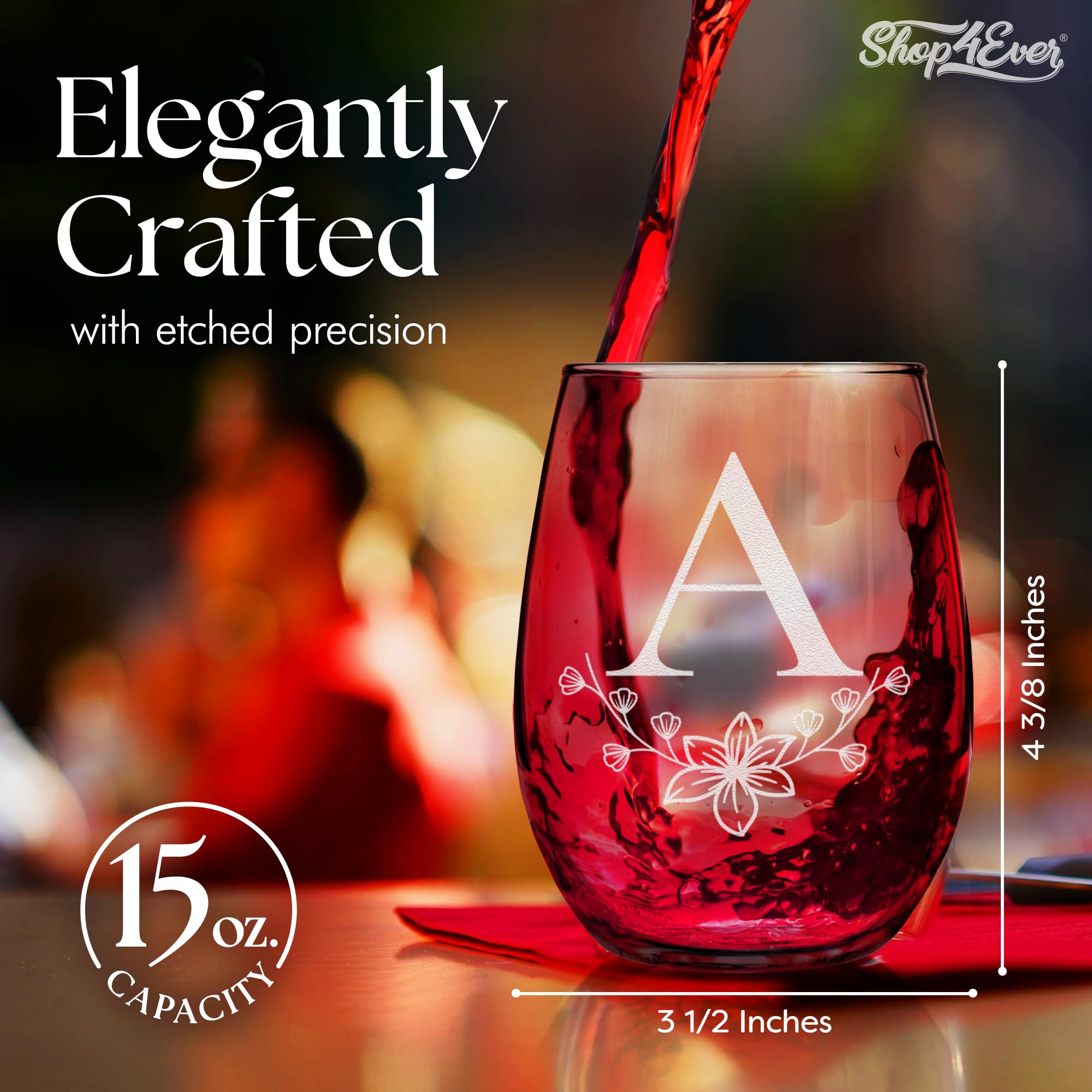 Floral Monogram Engraved Initial Letter Stemless Wine Glass 15 oz. Personalized Monogrammed Custom Gift (A)