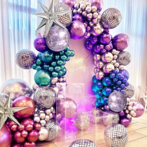 Metallic Balloon garland kit 135Pcs Disco Party decorations with Chrome Blue Red Purple Silver Disco ball balloons for 80s 90s Themed Birthday graduation 2024 new year Party eve Decorations