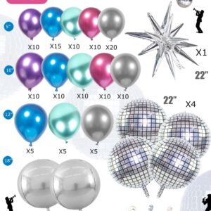 Metallic Balloon garland kit 135Pcs Disco Party decorations with Chrome Blue Red Purple Silver Disco ball balloons for 80s 90s Themed Birthday graduation 2024 new year Party eve Decorations