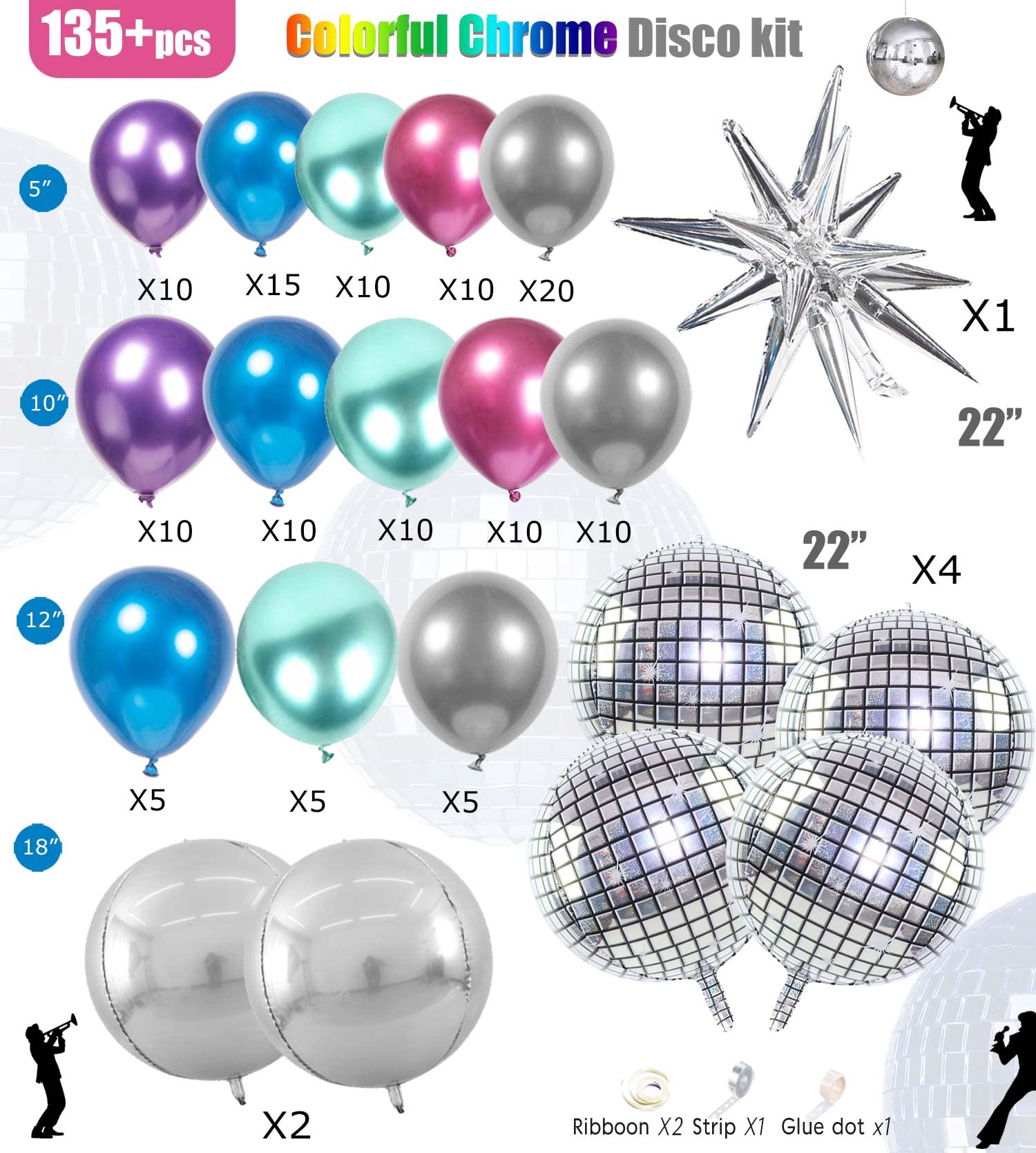 Metallic Balloon garland kit 135Pcs Disco Party decorations with Chrome Blue Red Purple Silver Disco ball balloons for 80s 90s Themed Birthday graduation 2024 new year Party eve Decorations