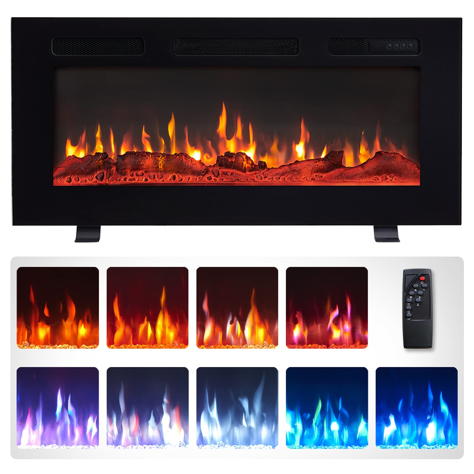 Efiretric® Grace 36" W 3 in 1 Electric Fireplace (EF449), Freestanding, Wall Mounted, Recessed, 9 Colors Flame Effect, TV Media Wall, Heater 750W/1500W, Remote Control