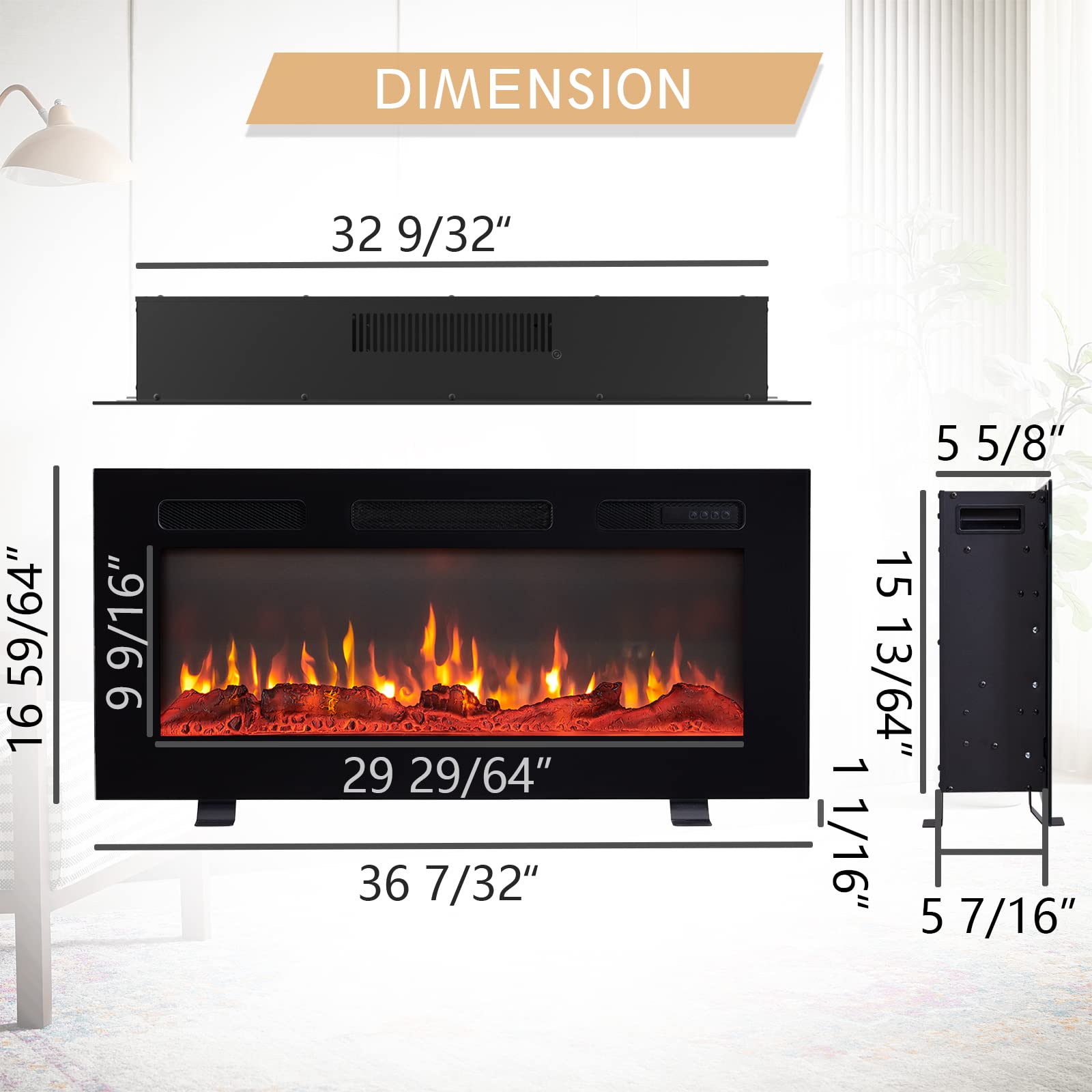 Efiretric® Grace 36" W 3 in 1 Electric Fireplace (EF449), Freestanding, Wall Mounted, Recessed, 9 Colors Flame Effect, TV Media Wall, Heater 750W/1500W, Remote Control