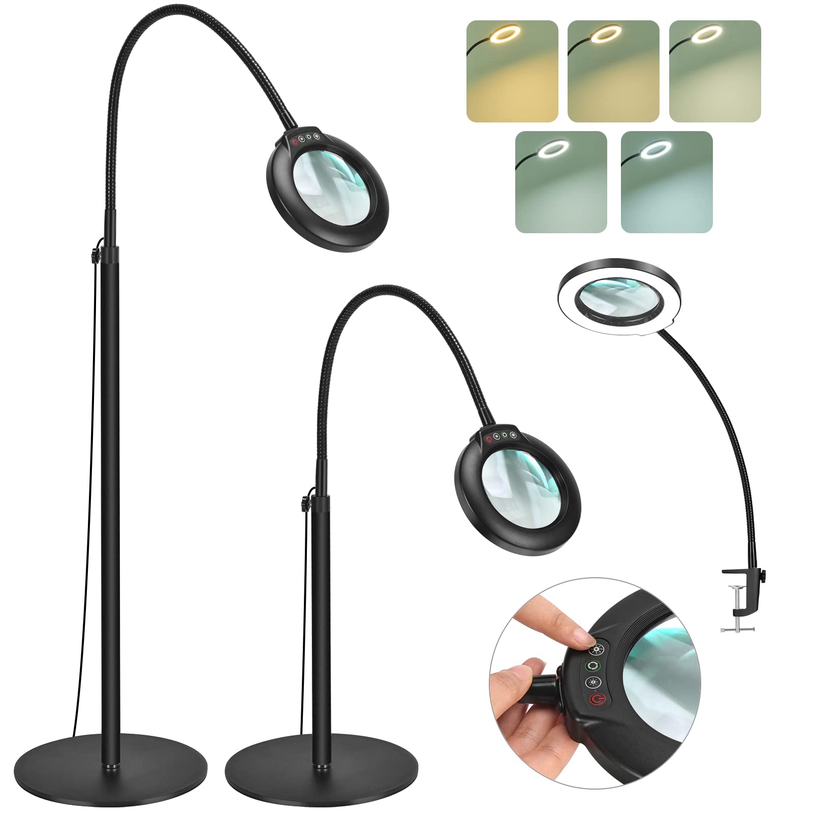 Drdefi 10X Magnifying Floor Lamp with Light, 24" Flexible Gooseneck Standing Magnifying Glass, 3-in-1 LED 5 Color Modes Stepless Dimmable Lighted Magnifier Lamp Hands-Free for Close Work, Reading