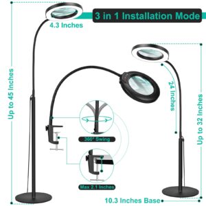 Drdefi 10X Magnifying Floor Lamp with Light, 24" Flexible Gooseneck Standing Magnifying Glass, 3-in-1 LED 5 Color Modes Stepless Dimmable Lighted Magnifier Lamp Hands-Free for Close Work, Reading