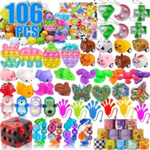 106 pcs pop party favors for kids, fidget treasure box toys, classroom prizes, pinata filler goody bag stuffers, treasure chest, carnival prize box toys for boys girls, easter basket eggs fillers