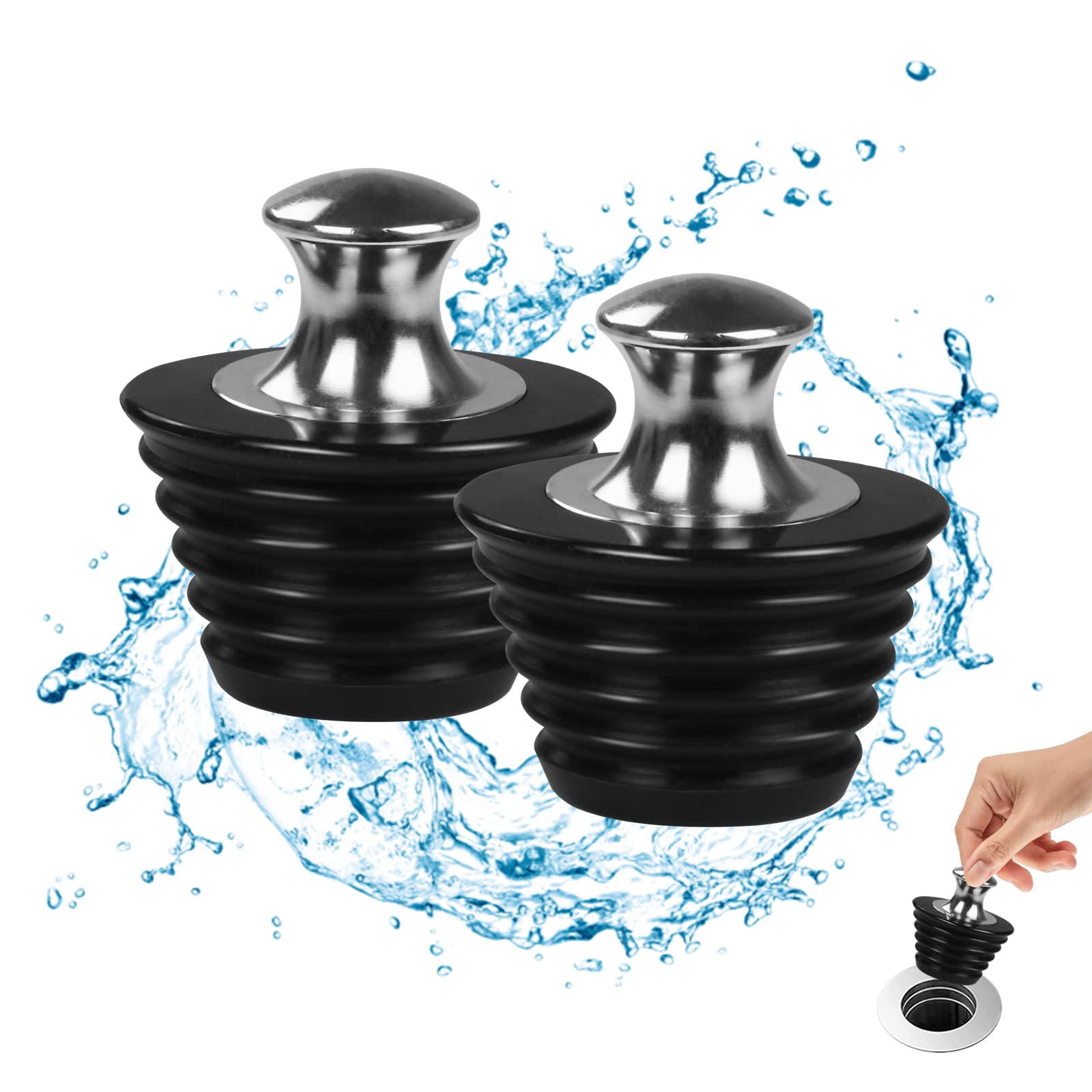 Bathtub Stopper, 2 Pack Universal Metal Bathtub Plug Silicone Bathtub Stopper Washbasin Stopper Bathtub Drain Stopper Plug Tub Stopper Sink Stopper for Kitchen Bathtub and Bathroom Sink Drains, Black