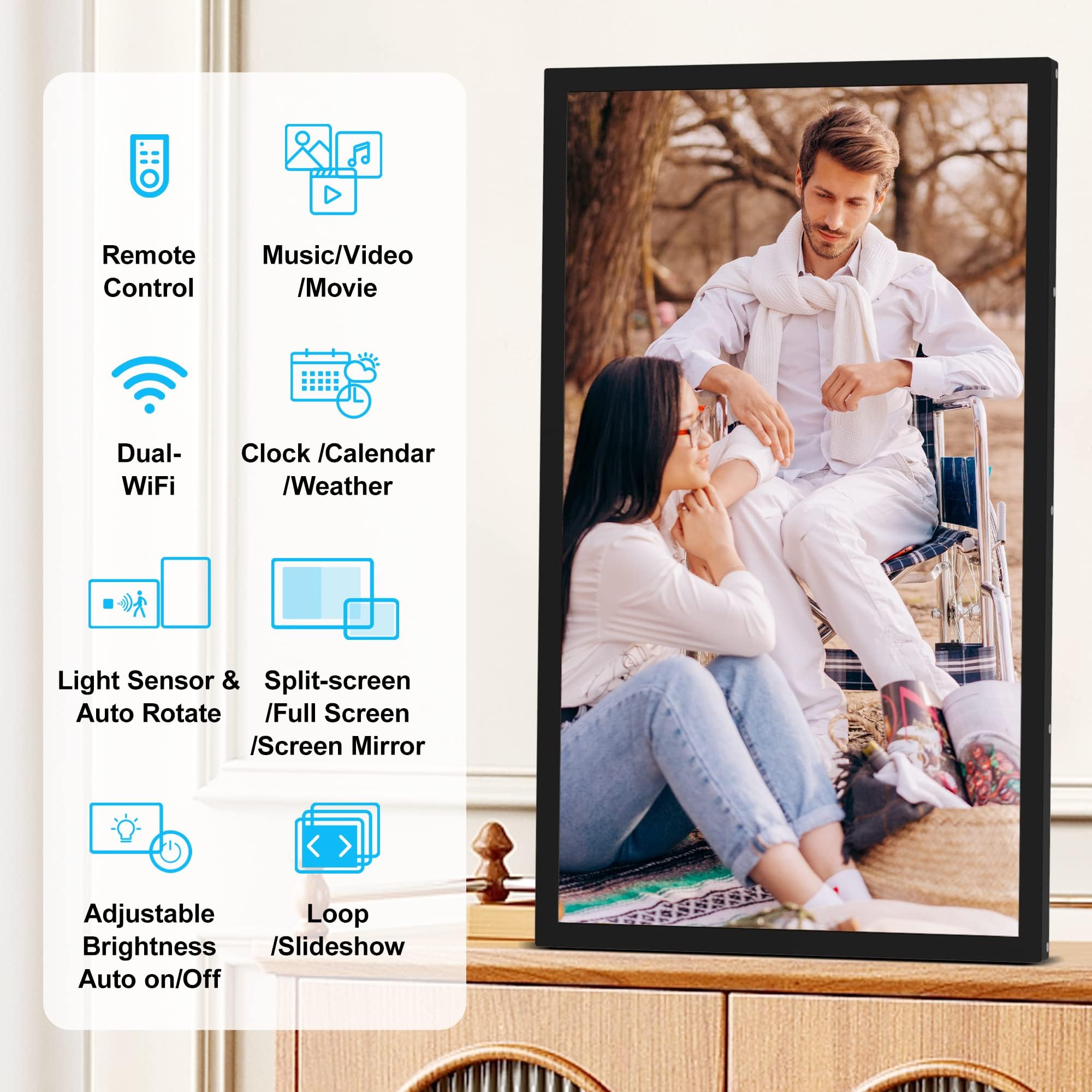 21.5"-WiFi-Picture-Frame Large Digital Photo Frame - 32GB, 1920x1080 IPS FHD 1080P, Auto Rotate, Share Photo Video via App Email, Wall Mounted, Free Cloud Storage, Gift for Grandparents Father Mother