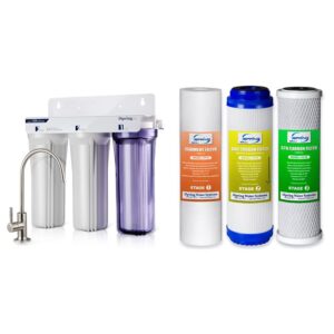 ispring us31 classic 3-stage under sink water filtration system, tankless, high capacity, sediment + carbon + carbon & f3 6-month prefilter replacement supply filter cartridge pack set, f3, white