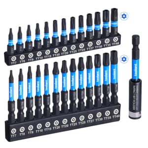 toolant impact torx bit set 27pcs (tt7-tt40), s2 steel security torx bit set, tamper proof star bit set with cnc machined tips, 1"&2" long impact bits with magnetic bit holder and storage box