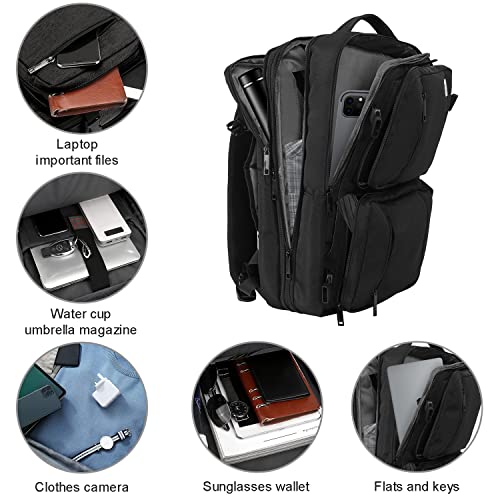 AGUI'S SUMMER Carry on Backpack, Travel Backpack for Men Women,Expandable Large Computer Daypack Business Suitcase Backpacks 35L Black with USB Charging Port