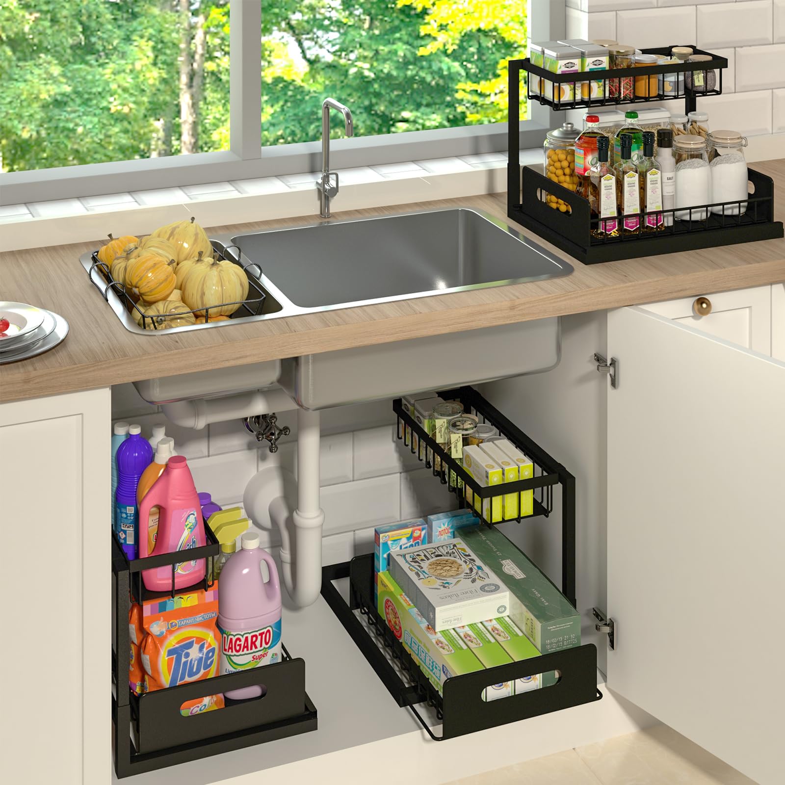 FOLLOWIN Multi-Purpose Slide Out Organizers and Storage,2 Tier Under Sink Organizer for Kitchen Bathroom,Under Sink Sliding Cabinet Basket Organizer,Spice Can Makeup Organizer for Countertop