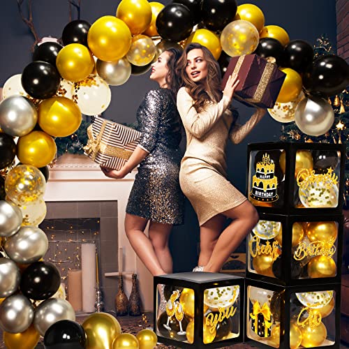 51 Pcs Gold and Black Party Decorations Kit Birthday Balloon Boxes with Balloons and LED Light Strings Gold and Black Birthday Backdrop Photo Props for Men Women Birthday Party Supply Balloon Arch Kit