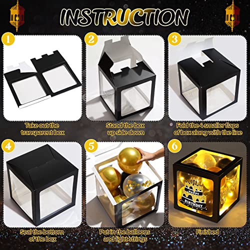 51 Pcs Gold and Black Party Decorations Kit Birthday Balloon Boxes with Balloons and LED Light Strings Gold and Black Birthday Backdrop Photo Props for Men Women Birthday Party Supply Balloon Arch Kit