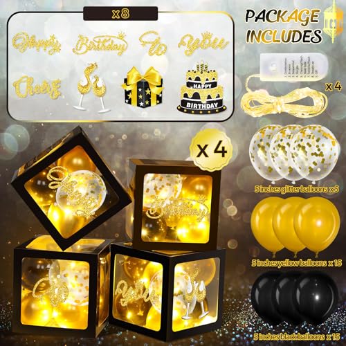 51 Pcs Gold and Black Party Decorations Kit Birthday Balloon Boxes with Balloons and LED Light Strings Gold and Black Birthday Backdrop Photo Props for Men Women Birthday Party Supply Balloon Arch Kit