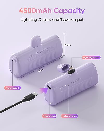 Kuulaa Portable Phone Charger Portable Charger iPhone 4500mAh Mini Power Bank for iPhone Cute Battery Pack Backup Charger Travel Compatible with iPhone 14/13/12/11/XS/XR/Airpods (Purple)