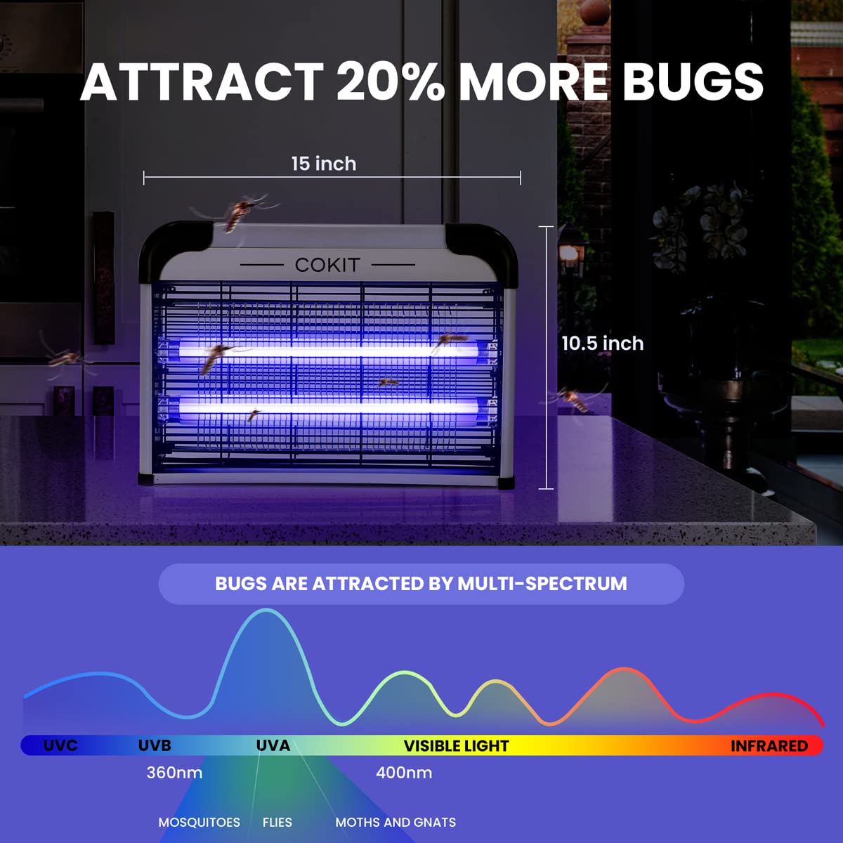 COKIT Bug Zapper Indoor, Powerful 20W Electric Indoor Insect Killer, Bug Zapper, Fly Zapper, Mosquito Killer for Home Kitchen Garage Patio, 2 Extra Replacement Bulbs (with Bug Collection Tray)