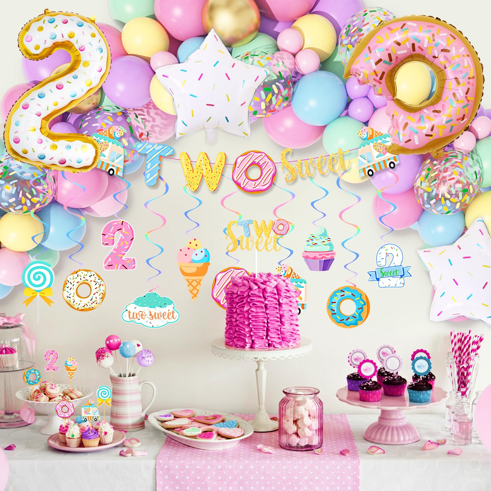 Amandir 145Pcs Two Sweet Birthday Decorations, Donut Birthday Party Supplies for Girls Two Sweet Banner Donut Balloon Garland Kit Cake Topper Swirls for Ice Cream Baby Second 2nd Birthday Party Decor