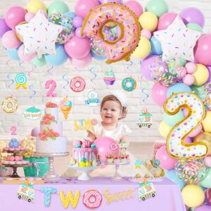 Amandir 145Pcs Two Sweet Birthday Decorations, Donut Birthday Party Supplies for Girls Two Sweet Banner Donut Balloon Garland Kit Cake Topper Swirls for Ice Cream Baby Second 2nd Birthday Party Decor