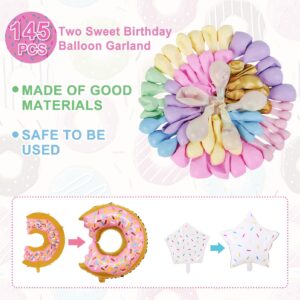 Amandir 145Pcs Two Sweet Birthday Decorations, Donut Birthday Party Supplies for Girls Two Sweet Banner Donut Balloon Garland Kit Cake Topper Swirls for Ice Cream Baby Second 2nd Birthday Party Decor