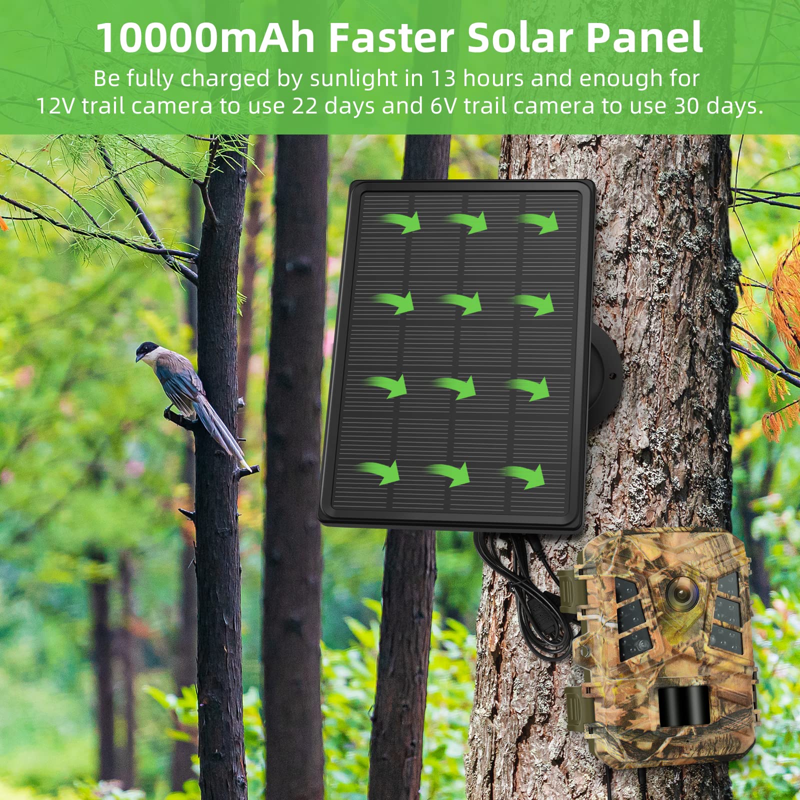 Trail Camera Solar Panel, VANBAR Solar Battery Charger Kit 12V 6V Output Solar Panel with 10000mAh Rechargeable Lithium Battery IP66 Waterproof for All Trail Hunting Camera