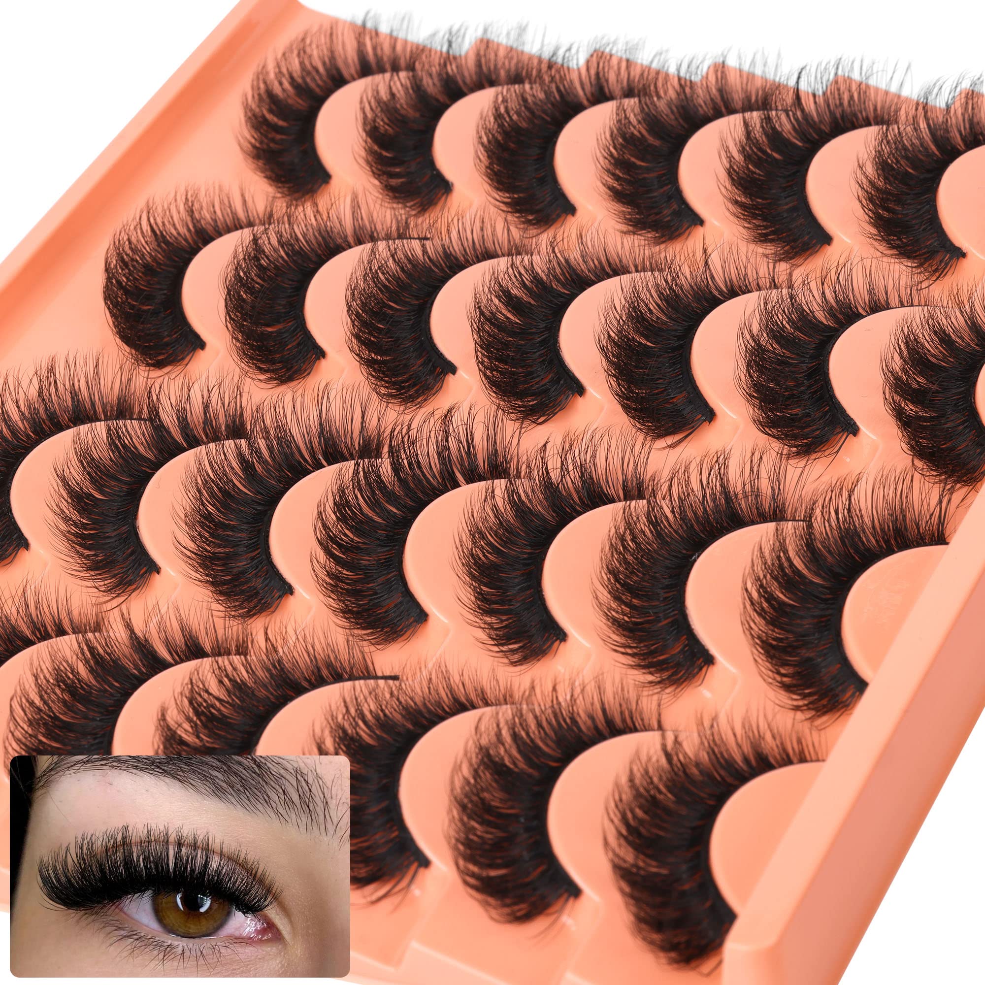 Short Lashes Natural Look False Eyelashes Thick Fluffy Faux Mink Lashes Pack Wispy Strip Fake Eyelashes Cat Eye Lashes that Look Like Extensions 14 Pairs Black