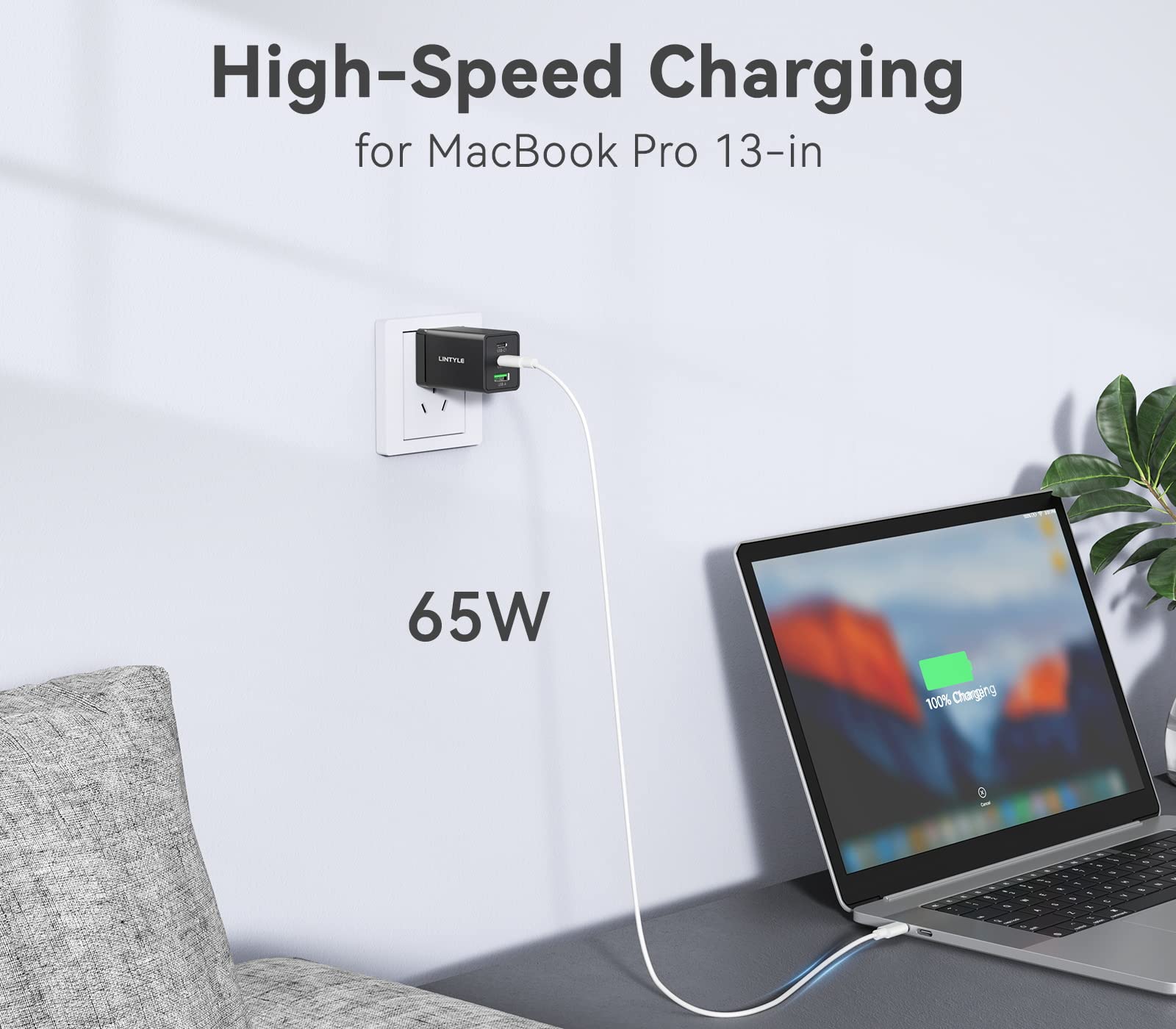 LINTYLE 3-Port USB C GaN Charger 65W PD 3.0 Fast Charger Block USB-C Power Delivery Type C Wall Charger Foldable Adapter for iPhone 14 Pro Max and MacBook Pro/Air, Galaxy S22/S21, Laptop (65W, Black)