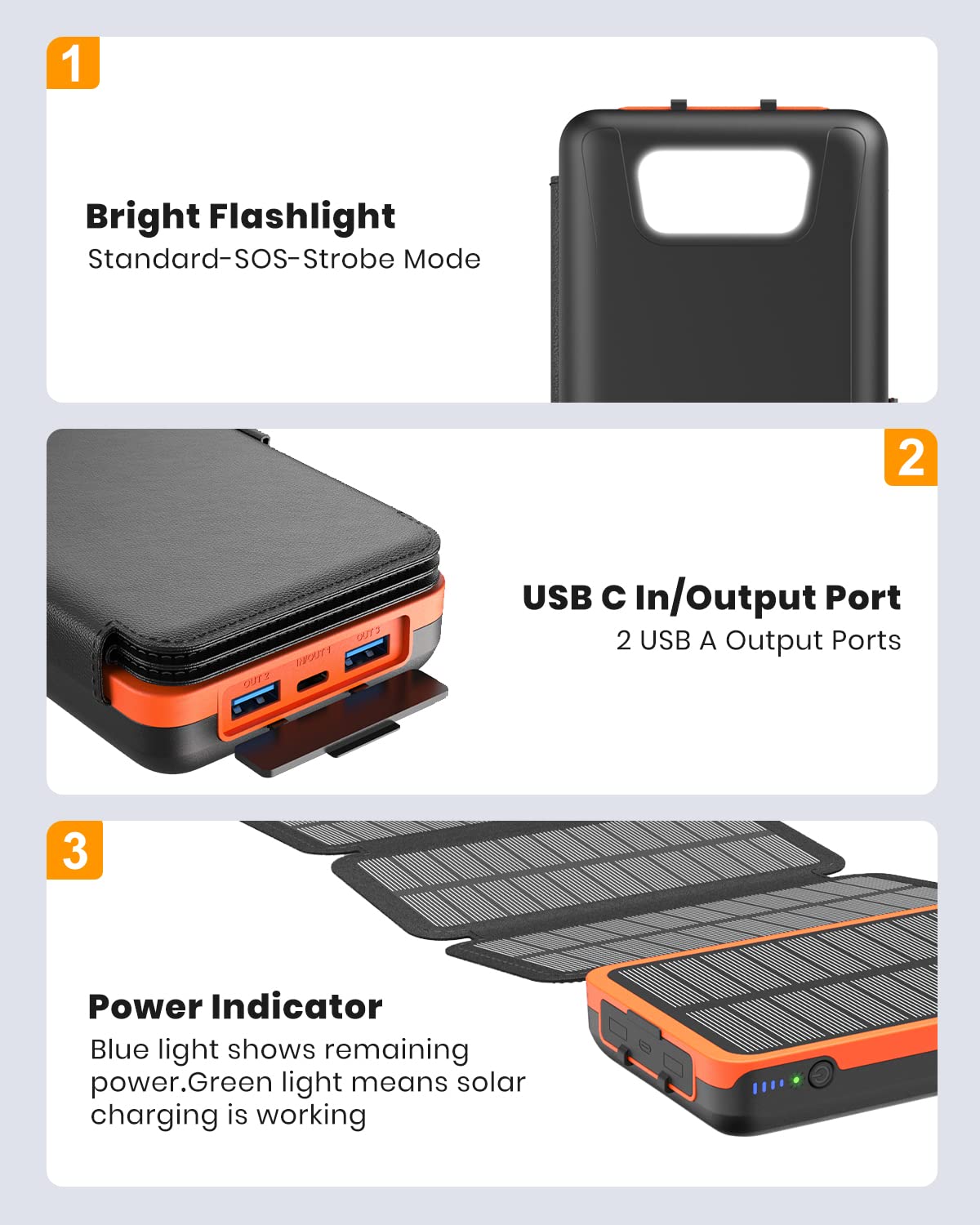 Hiluckey Solar Charger 27000mAh Power Bank 22.5W Fast Charging Portable Phone Charger with 4 Solar Panels USB C PD External Battery Pack with 3 USB Outputs for Cellphone Tablet