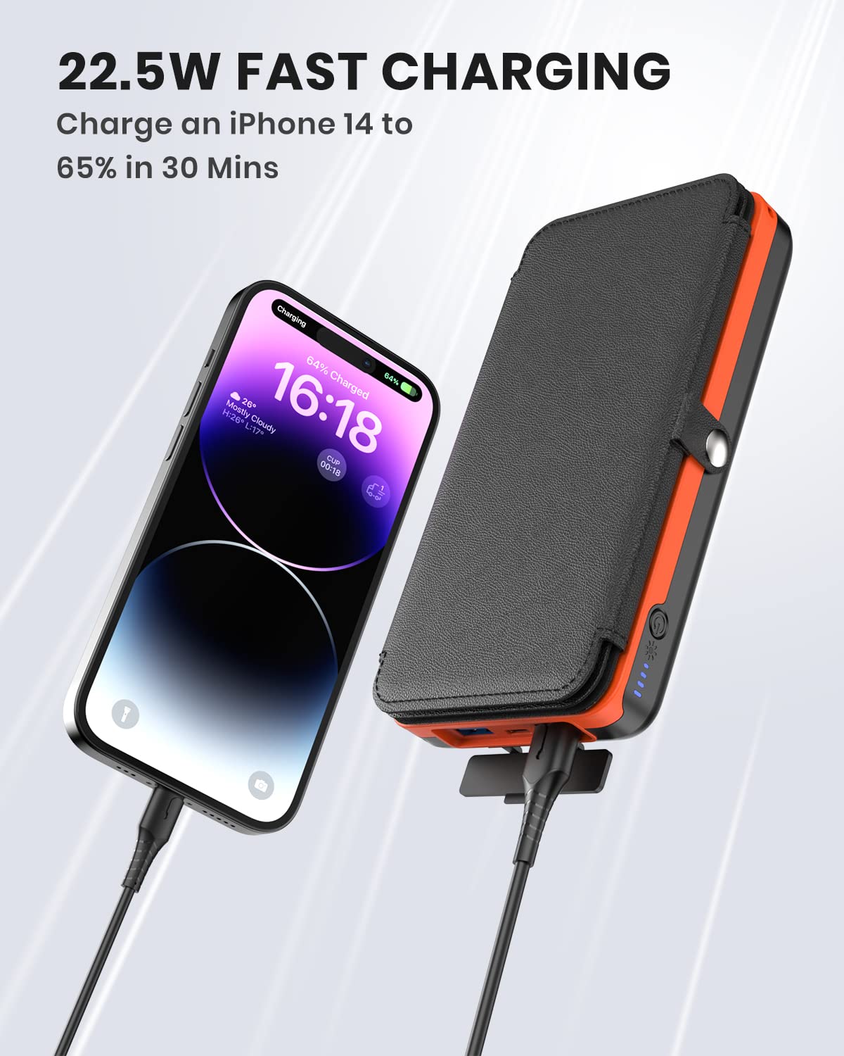 Hiluckey Solar Charger 27000mAh Power Bank 22.5W Fast Charging Portable Phone Charger with 4 Solar Panels USB C PD External Battery Pack with 3 USB Outputs for Cellphone Tablet