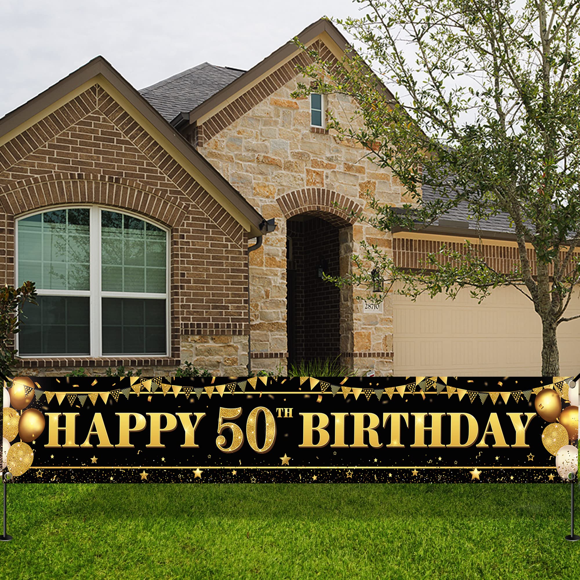 KatchOn, XtraLarge Happy 50th Birthday Yard Banner - 120x20 Inch | Black and Gold 50th Birthday Yard Sign for Men | Happy 50th Birthday Banner for 50th Birthday Decorations | 50 Birthday Decorations