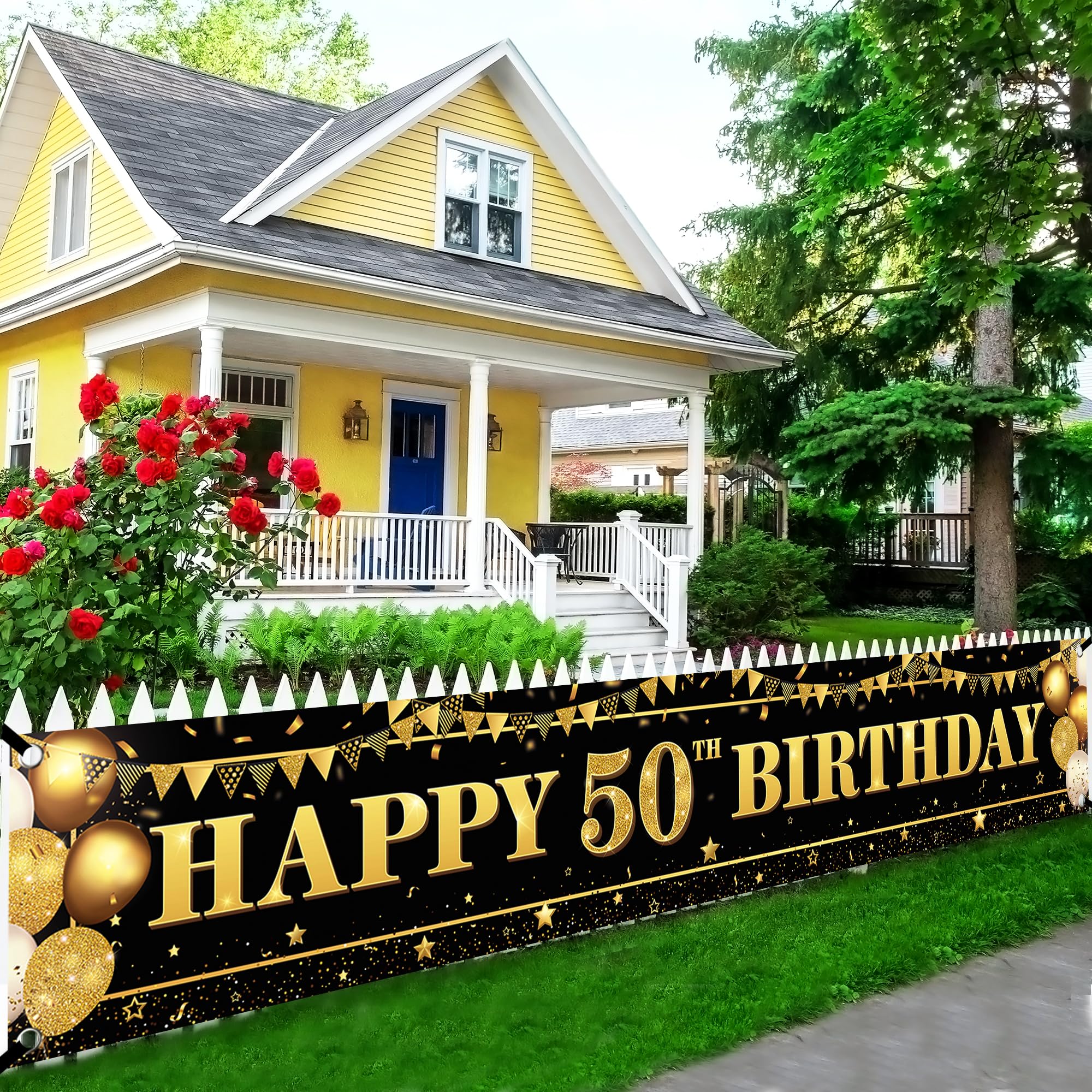 KatchOn, XtraLarge Happy 50th Birthday Yard Banner - 120x20 Inch | Black and Gold 50th Birthday Yard Sign for Men | Happy 50th Birthday Banner for 50th Birthday Decorations | 50 Birthday Decorations