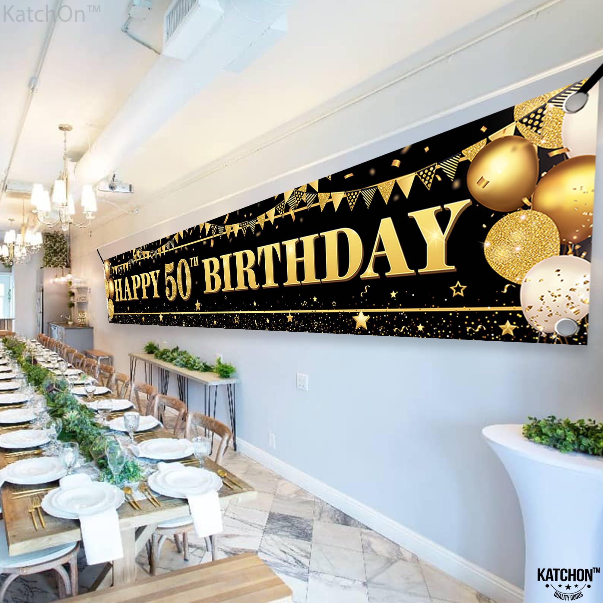 KatchOn, XtraLarge Happy 50th Birthday Yard Banner - 120x20 Inch | Black and Gold 50th Birthday Yard Sign for Men | Happy 50th Birthday Banner for 50th Birthday Decorations | 50 Birthday Decorations