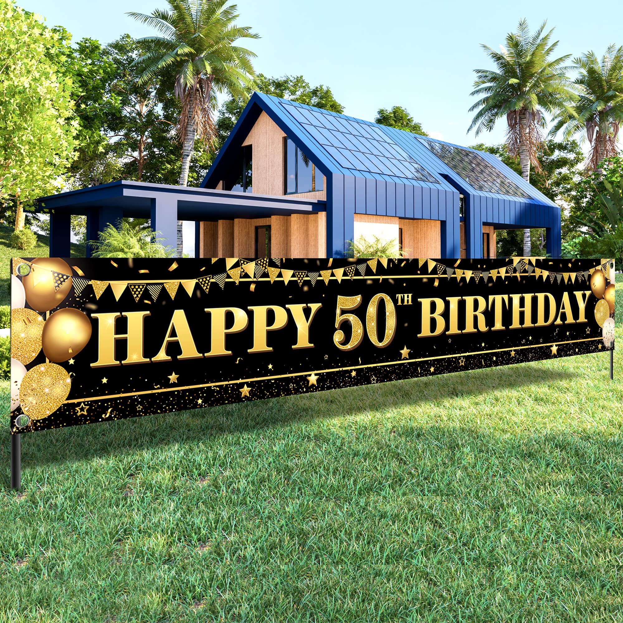 KatchOn, XtraLarge Happy 50th Birthday Yard Banner - 120x20 Inch | Black and Gold 50th Birthday Yard Sign for Men | Happy 50th Birthday Banner for 50th Birthday Decorations | 50 Birthday Decorations